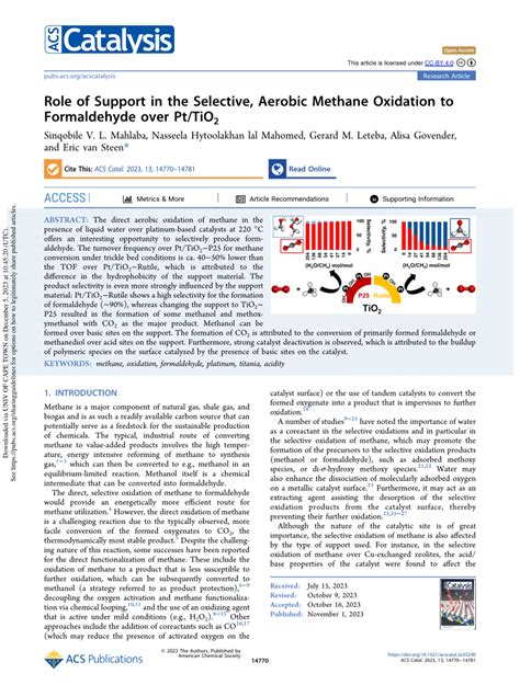 Pdf Role Of Support In The Selective Aerobic Methane Oxidation To Formaldehyde Over Pt Tio 2