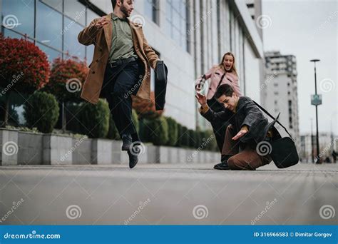 Dynamic Business People In Action Outside Man Tripping Over With
