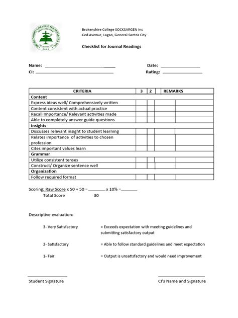 Journal Grading Checklist Pdf