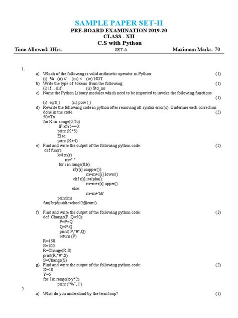 Class Xii Sample Paper Computer Science Set Ii Pdf Pdf Python Programming Language