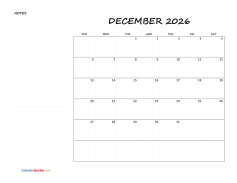 December Blank Calendar 2026 With Notes Calendar Quickly