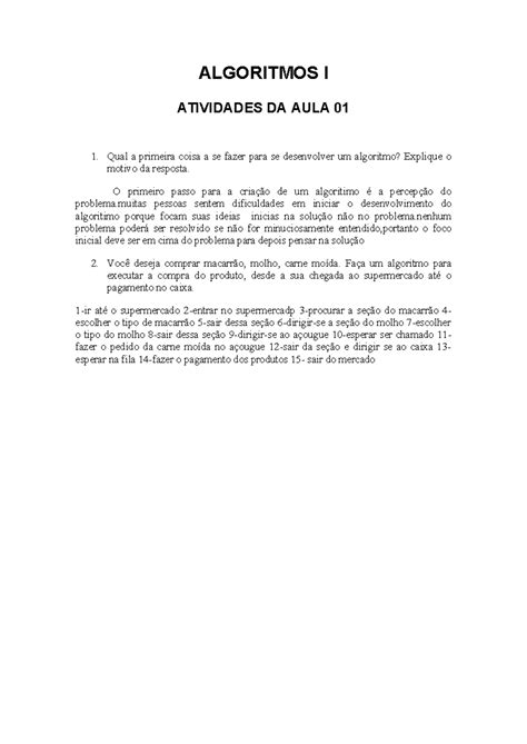 Algoritimo Atv 1 Atividade 1 De Algoritmo Algoritmos I Atividades Da Aula 01 1 Qual A