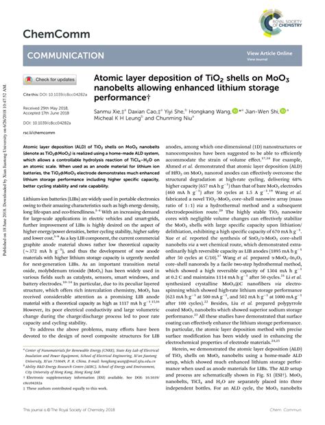 Pdf Atomic Layer Deposition Of Tio2 Shells On Moo3 Nanobelts Allowing