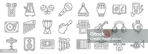 음악 라인 아이콘 선형 집합입니다 트럼펫 붐박스 실로폰 심벌즈 헤드폰 젬베 Mp 음악 파일 삼각형 메트로놈 과 같은 품질 벡터 라인 세트 Dj에 대한 스톡 벡터 아트 및