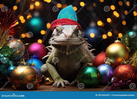 Lizard Surrounded By Colorful Christmas Ornaments Stock Illustration