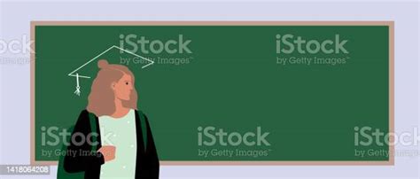 칠판에 보닛이있는 여학생 어린이 또는 십대 복사 공간 템플릿으로 플랫 벡터 스톡 일러스트 레이 션 교육에 대한 스톡 벡터 아트 및 기타 이미지 Istock