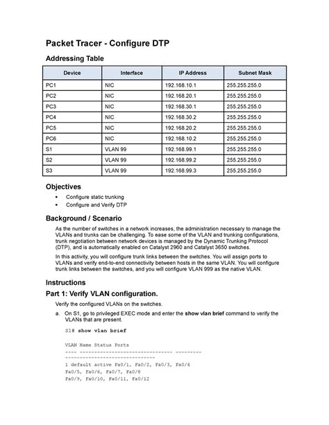 3 5 5 Packet Tracer Configure Dtp Packet Tracer Configure Dtp Addressing Table Device