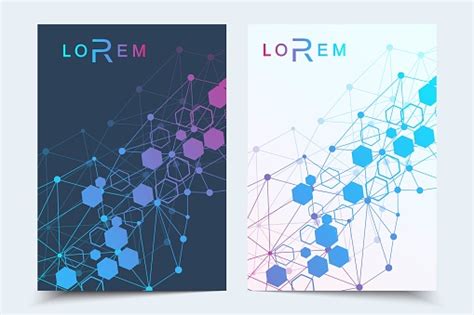 비즈니스 템플릿 브로셔 잡지 전단지 전단지 표지 소책자 연례 보고서 의료 기술 화학에 대한 과학적 개념 육각 형 분자 구조 Dna 원자 뉴런 0명에 대한 스톡 벡터 아트 및