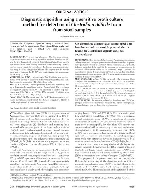 Pdf Diagnostic Algorithm Using A Sensitive Broth Culture Method For Detection Of Clostridium