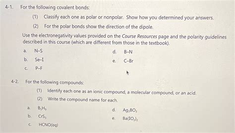 [solved] please help 4 1 for the following covalent bonds 1