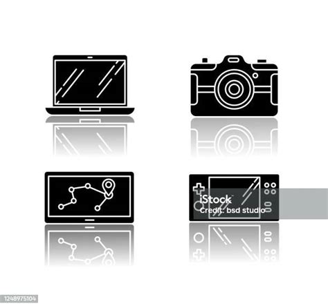 모바일 장치는 그림자 검정 색 글리프 아이콘 세트를 삭제합니다 포켓 전자 기기 스마트 기술 내비게이션 도우미 게임 콘솔 노트북 사진 카메라 공백에 대한 격리된 벡터 그림