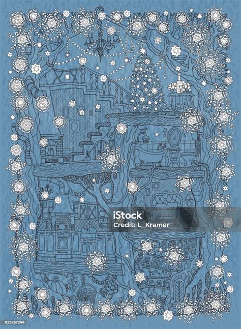 벡터 손으로 그린 판타지 동화 집 오래 된 오크 나무 선형 밑그림입니다 티 셔츠 인쇄입니다 파란색 배경에 눈송이 프레임 새 해와 크리스마스 인사말 카드 파티 초대장 뿌리에