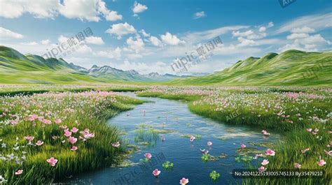 Ai创作图草地野花河流 唯美梦幻花田场景 宽屏风景画 唯美花田场景 草原河流森林野花 高原花海湖泊 高清宽幅田园山水 唯美花海风景 蓝天白云
