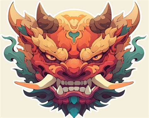 Fierce Red Oni Mask With Horns Fangs And Fiery Aura Stock