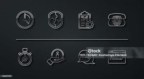 회선 시간 관리 스톱워치 전화 Faq 정보 방패 브라우저 도움말 및 체크리스트 24 시간 서비스 아이콘이있는 말풍선을 설정하십시오 벡터 24 시간 영업 표시에 대한 스톡