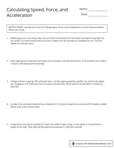 Calculating Speed Force And Acceleration My Worksheet Maker Create Your Own Worksheets