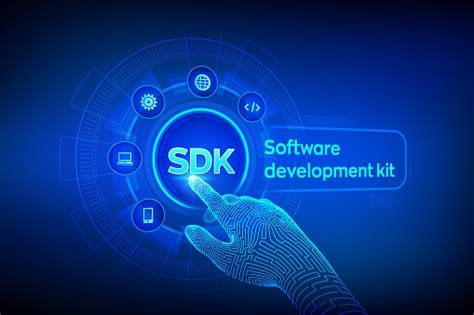 Sdk 가상 화면에서 소프트웨어 개발 키트 프로그래밍 언어 기술 개념 기술 개념 디지털 인터페이스를 만지는 로봇 손 벡터