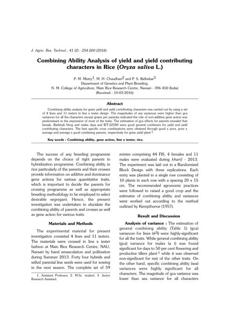 Pdf Combining Ability Analysis Of Yield And Yield Contributing Characters In Rice Oryza
