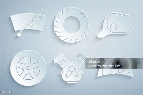 자동차 엔진 거울 바퀴 앞 유리 타이어 및 윈드 스크린 와이퍼 아이콘을 설정합니다 벡터 3차원 형태에 대한 스톡 벡터 아트 및