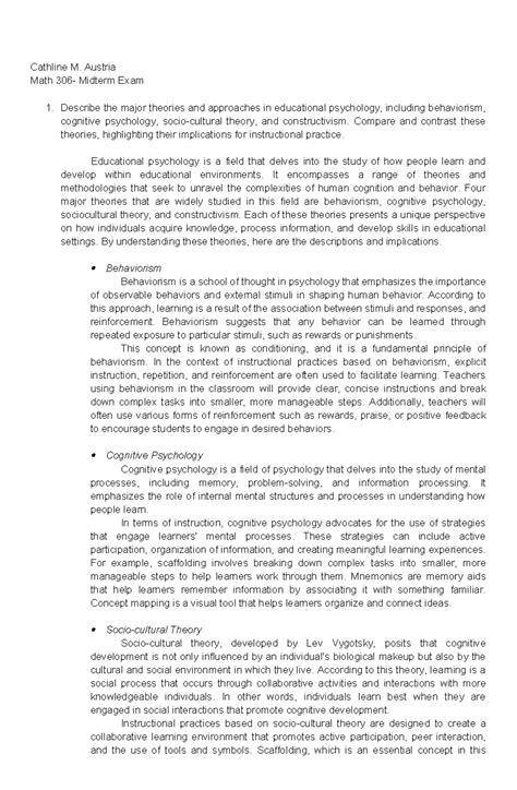 Teaching Strategies Midterm Exam Cathline M Austria Math 306 Midterm Exam 1 Describe The