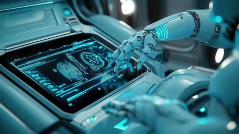 Futuristic Robot Hands Interacting With A Digital Touchscreen Interface In A High Tech