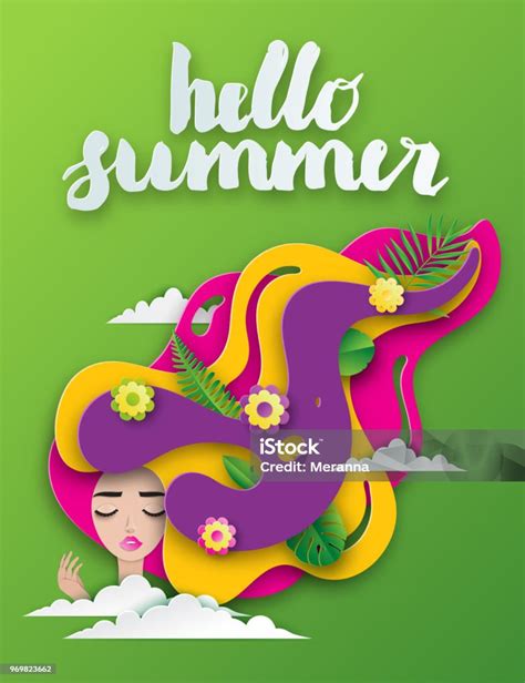 종 려를 가진 긴 물결 모양 머리를 가진 젊은 아름 다운 여자의 벡터 종이 초상화 나뭇잎 꽃 구름 안녕하세요 여름 글자 계층화