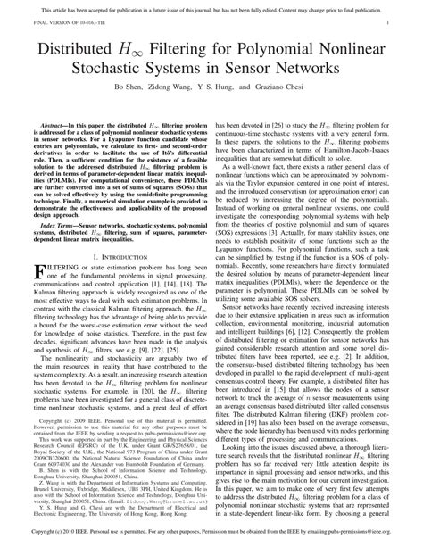 Pdf Distributed H Infinity Filtering For Polynomial Nonlinear