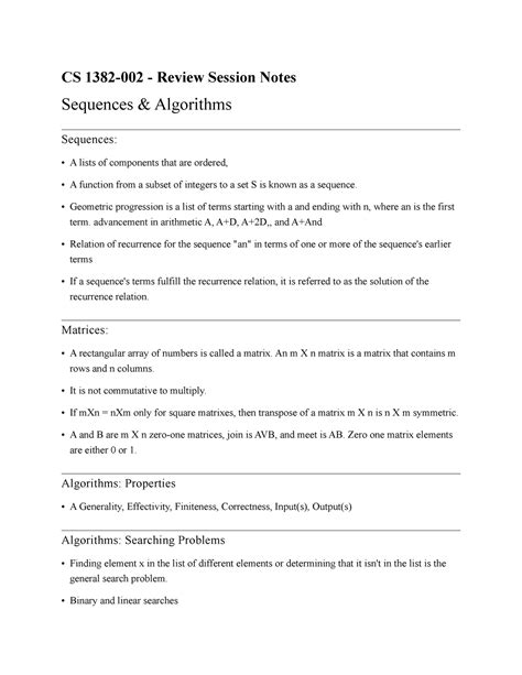 cs 1382 review notes sequences and algorithms cs 1382 002 review