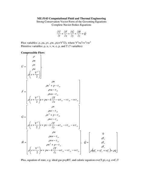 Complete Navier Stokes Equations Me 5143 Computational Fluid And Thermal Engineering Strong