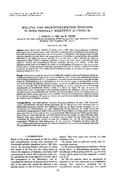 Pdf Rolling And Recrystallization Textures In Directionally Solidified Aluminium