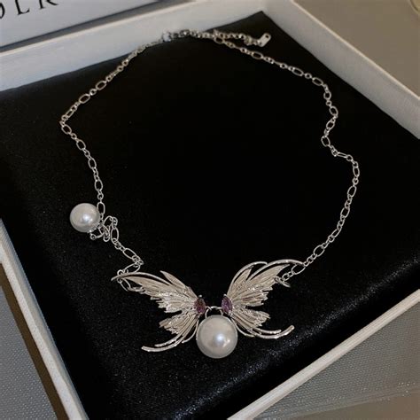 镶钻珍珠薄纱蝴蝶项链韩国时尚链条流苏锁骨链小众百搭颈链项饰女 花瓣网