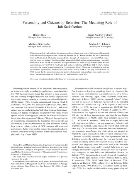 Pdf Personality And Citizenship Behavior The Mediating Role Of Job Satisfaction