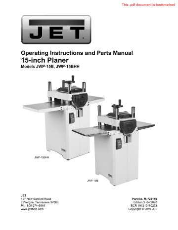 Jet 15 Helical Cutterhead Planer Jwp 15bhh Owners Manual Manualzz