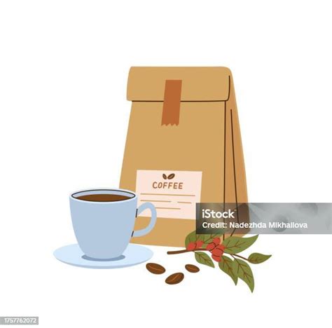 손으로 그린 커피 컵과 콩 종이 패키지 벡터 일러스트 레이 션 가방에 대한 스톡 벡터 아트 및 기타 이미지 가방 구이
