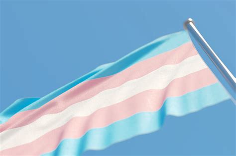 트랜스 젠더 프라이드 플래그 개념 푸른 하늘을 통해 트랜스 젠더 자부심 플래그를 흔들어 트랜스젠더 프라이드 깃발에 대한 스톡