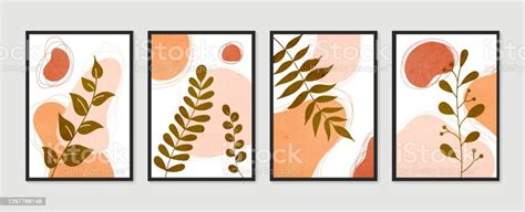 식물벽 아트 벡터 세트 최소한의 자연 벽 예술 추상적인 모양의 보호 단풍 라인 아트 드로잉 인쇄 벽지 커버에 대한 추상 식물 예술 디자인 현대 벡터 일러스트레이션 가을에
