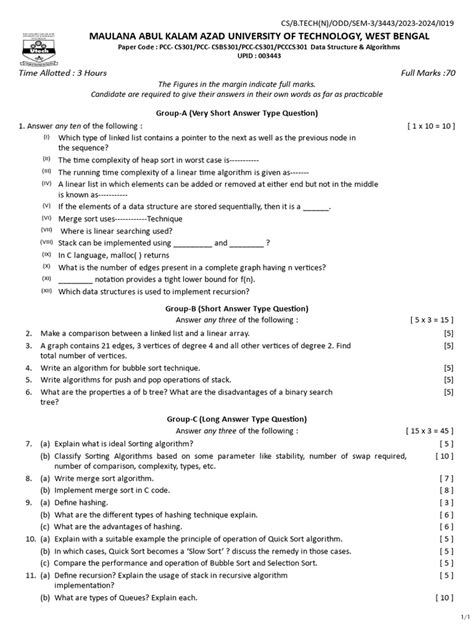 Btech Cse 3 Sem Data Structure And Algorithms Pcc Cs301 2024 Pdf