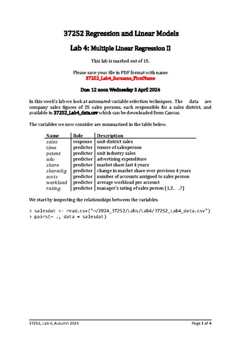 37252 Lab4 Autumn 2024 1 37252 Regression And Linear Models Lab 4 Multiple Linear Regression