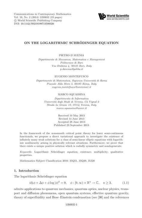 Pdf On The Logarithmic Schrodinger Equation