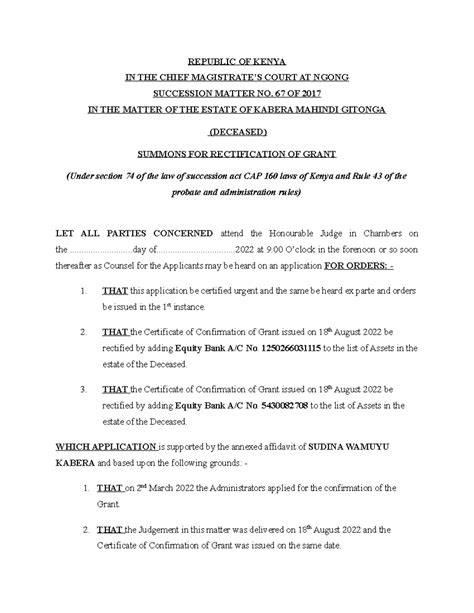 Sample Summons For Rectification Of Grant Republic Of Kenya In The