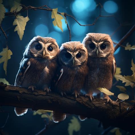 Premium Photo Cute Owls Sitting On A Tree At Night