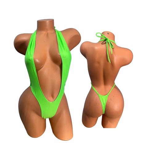 One Piece Thong Slingshot Neon Lime Green Wet Look Plus Size Xs Xl Etsy