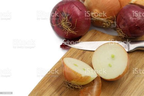 흰색과 빨간색 양파는 복사 공간으로 흰색 배경에 고립 된 실버 나이프와 나무 보드에 잘라 0명에 대한 스톡 사진 및 기타 이미지 0명 건강한 생활방식 건강한 식생활