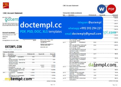 USA CIBC Bank Statement Word And PDF Template Pages