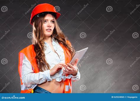 Woman Structural Engineer With Tablet Working Stock Image Image Of Sensual Alluring
