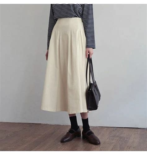 주름 플레어 치마 스커트 롱 여성용 코튼 탄성 하이 웨이스트 세련된 맥시 티몬