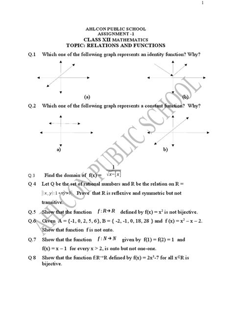 Class Xii Topic Relations And Functions Ahlcon Public School Assignment 1 Mathematics Pdf