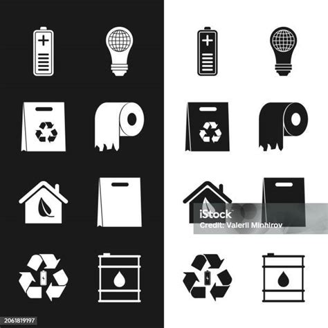 세트 화장지 롤 재활용 쇼핑백 배터리 충전 수준 표시기 전구 세계 지구본 친환경 주택 오일 배럴 및 아이콘 벡터 Friendly