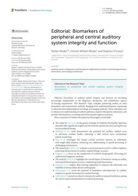 Pdf Editorial Biomarkers Of Peripheral And Central Auditory System Integrity And Function