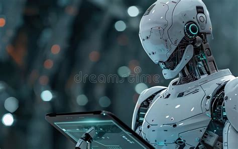 Robot Looking For Information On A Tablet Ai Centered World Concept Stock Illustration